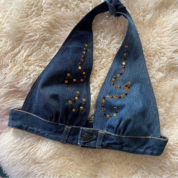 Hand Crafted | Tops | Vintage Reworked Denim Levis Bedazzled Halter Top ...